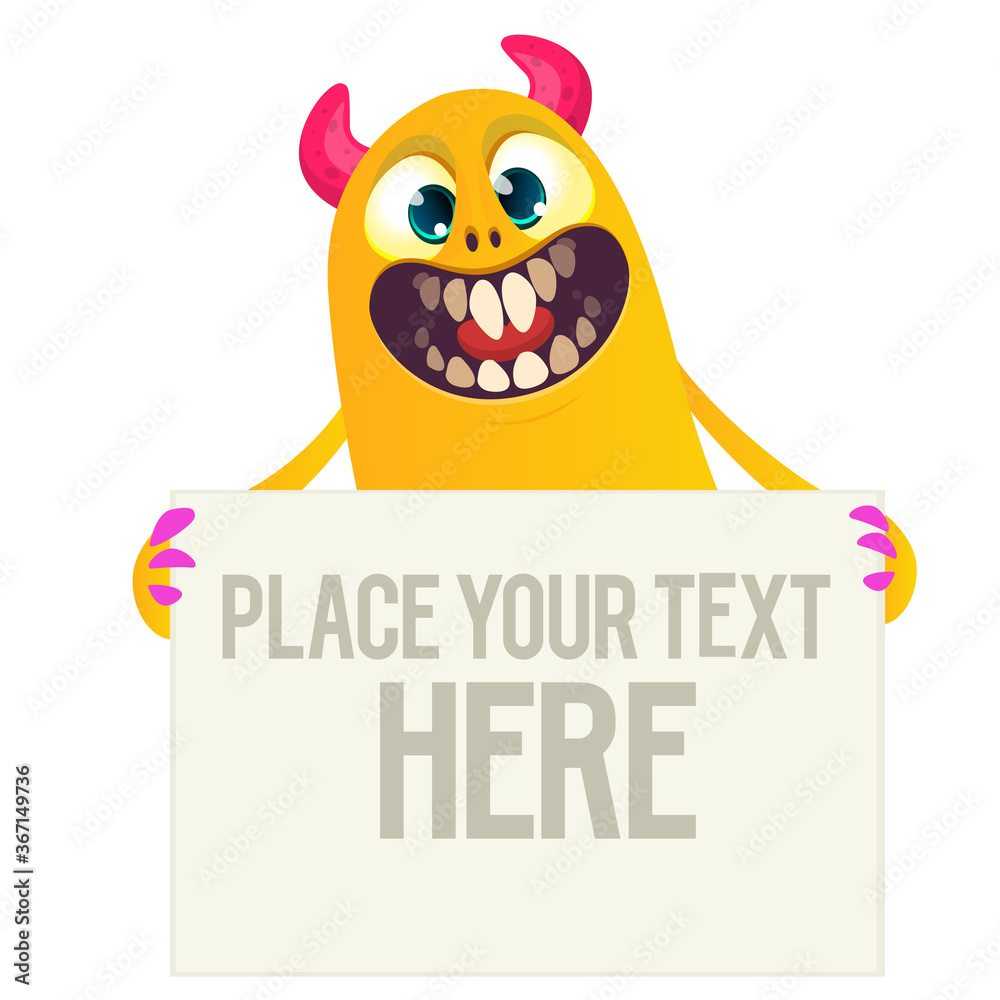 Catoon monster holding blank sign with sample message on it. Vector ...