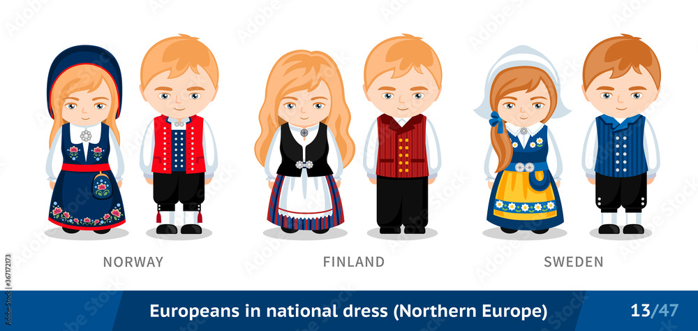Norway, Finland, Sweden. Men and women in national dress. Set of ...