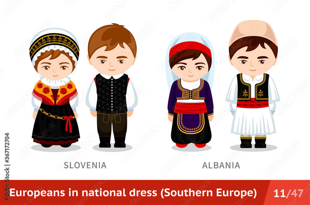 Slovenia, Albania. Men and women in national dress. Set of european ...