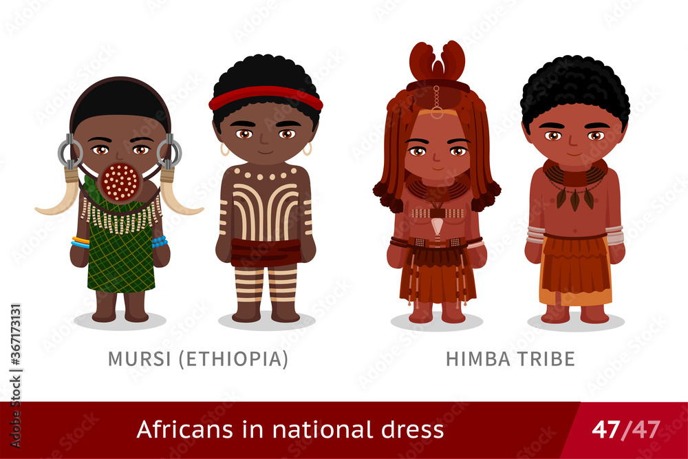 Vecteur Stock Mursi, Ethiopia, Himba Tribe. Men and women in national ...