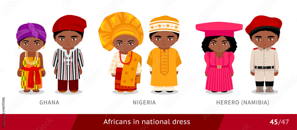 Ghana, Nigeria, Herero, Namibia. Men and women in national dress. Set ...