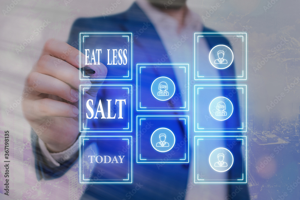 Writing note showing Eat Less Salt. Business concept for reducing the ...