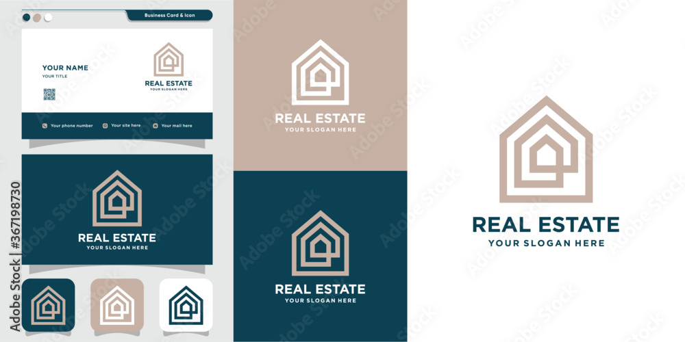 Real estate logo with outline style and business card design, home ...