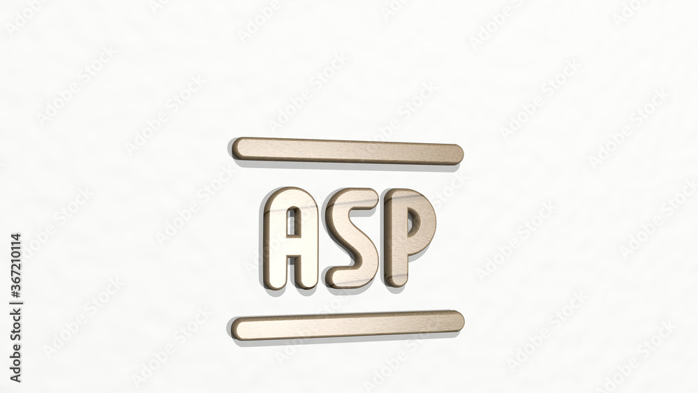ASP on the wall. 3D illustration of metallic sculpture over a white ...