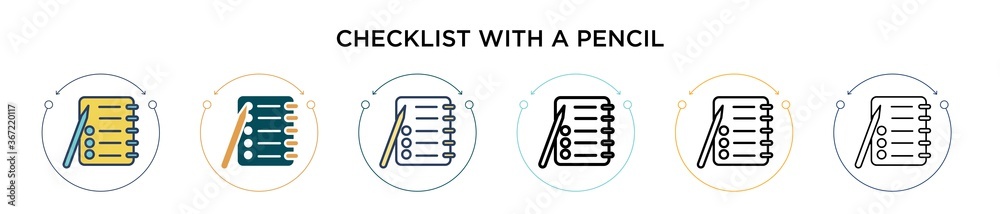 Checklist with a pencil icon in filled, thin line, outline and stroke ...