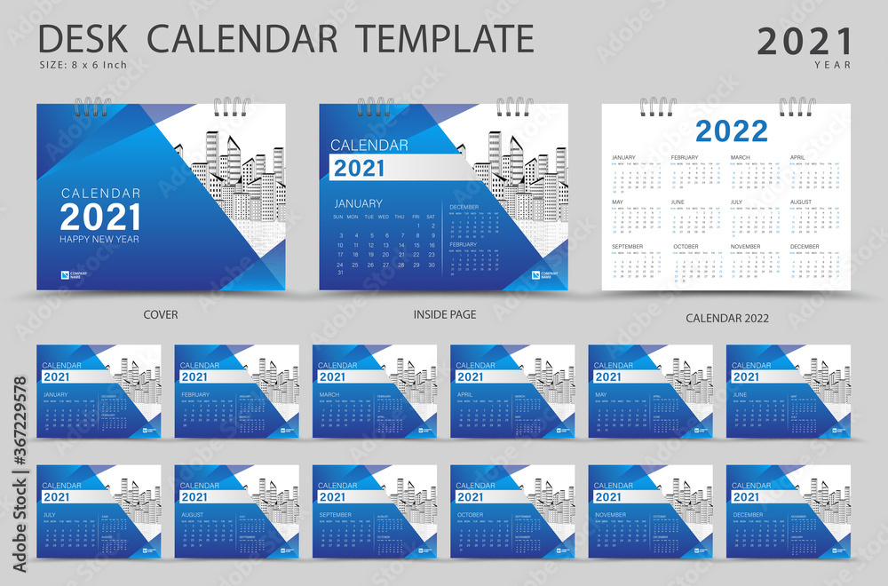 Set Desk calendar 2021 template. Calendar 2022 layout, Set of 12 Months ...