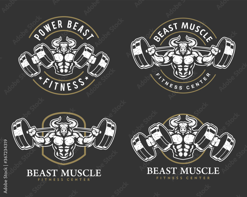 Bull with strong body, fitness club or gym logo set. Design element for ...