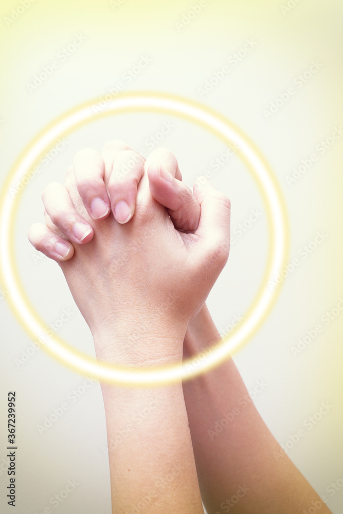 Praying hand sign, two woman's palm are clasped all together. with ...