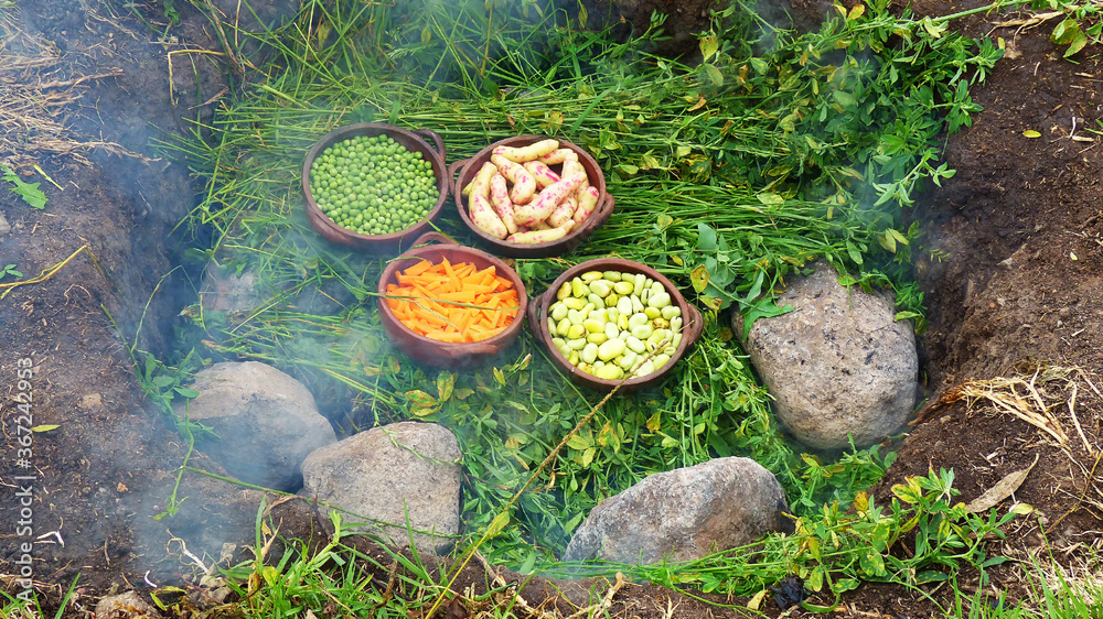 Potatoes, carrots, beans and peas in bowls prepared for underground ...