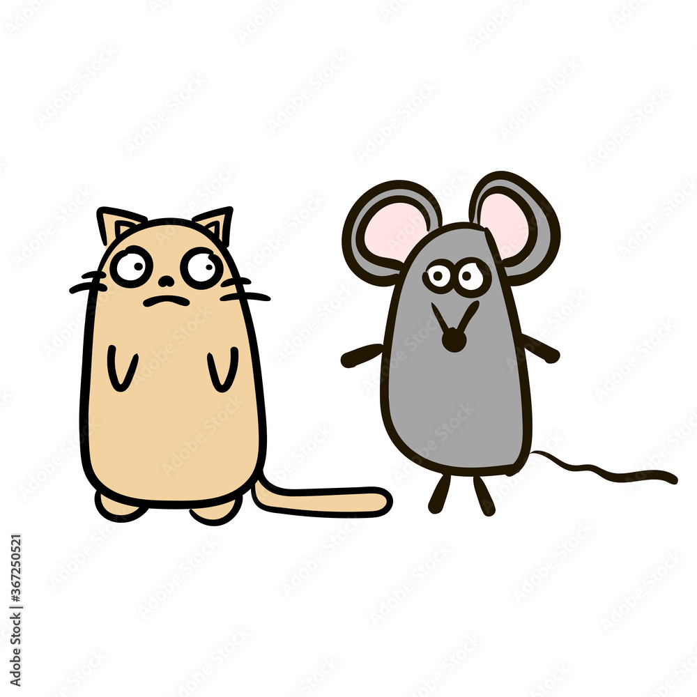 Very cute Cat with mouse hand drawn in cartoon style. Animal wildlife ...