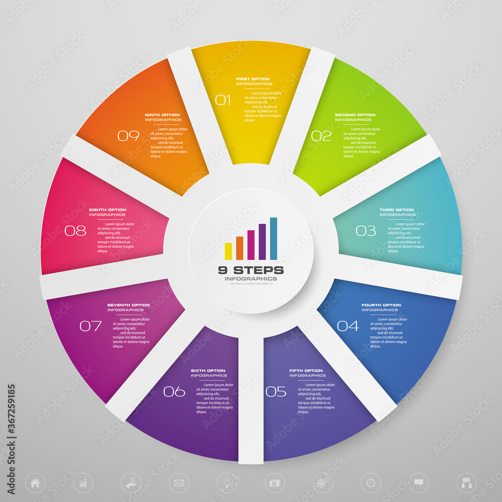 9 steps cycle chart infographics elements for data presentation. EPS 10 ...