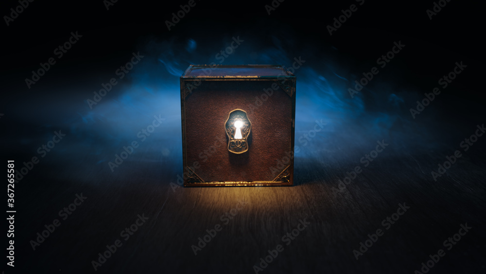 (3D Rendering, Illustration) Mysterious locked box with light coming ...