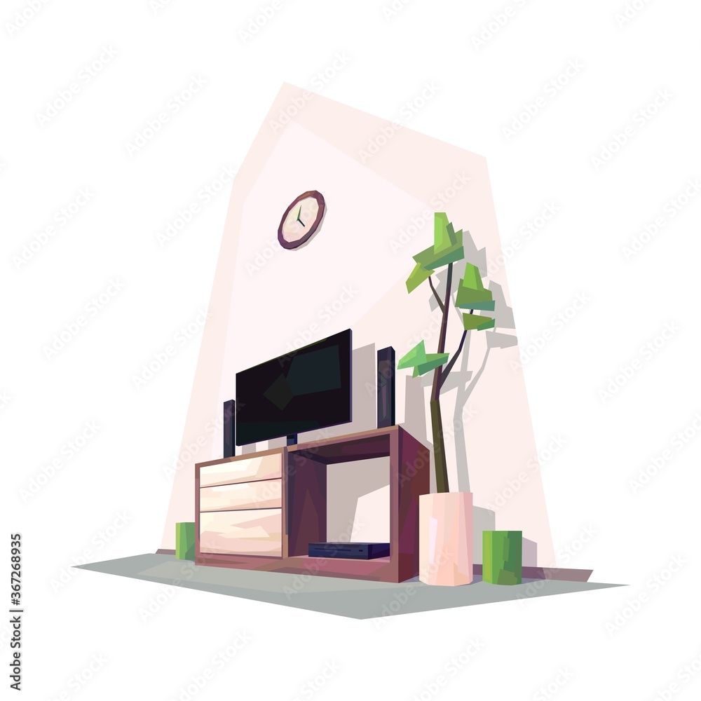 low poly living room interior, tv, plant, rack, clock, tv console ...