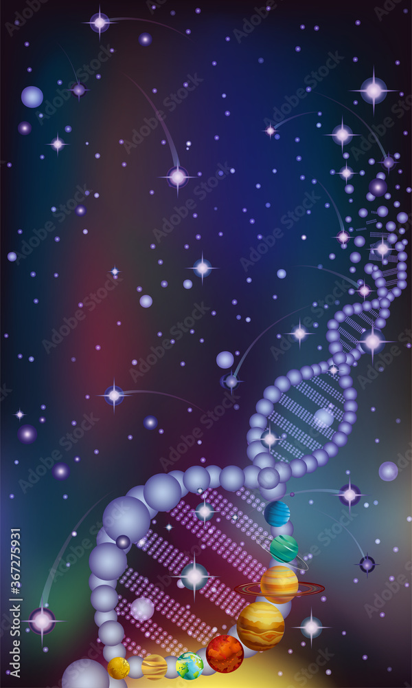 Deoxyribonucleic acid DNA planets solar system, night stars sky, vector ...