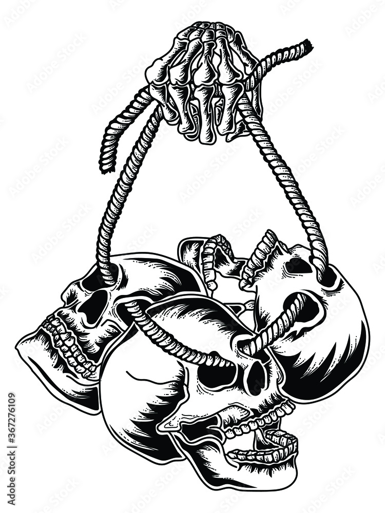 tattoo and t-shirt design black and white hand drawn 3 skull and rope ...