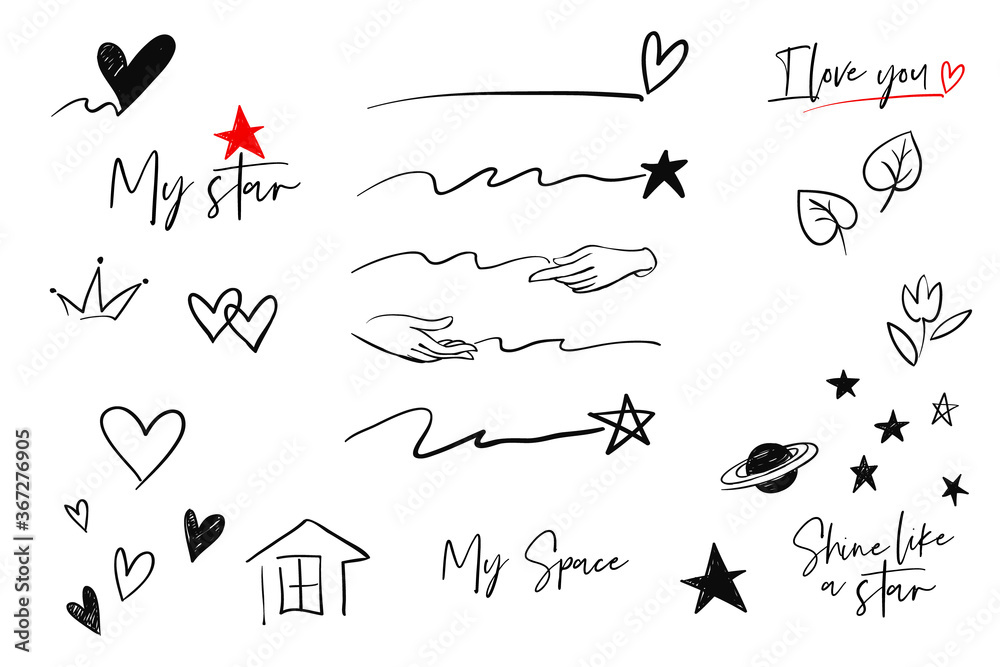 Set of black doodle elements: hearts, underline, emphasis, space, stars ...