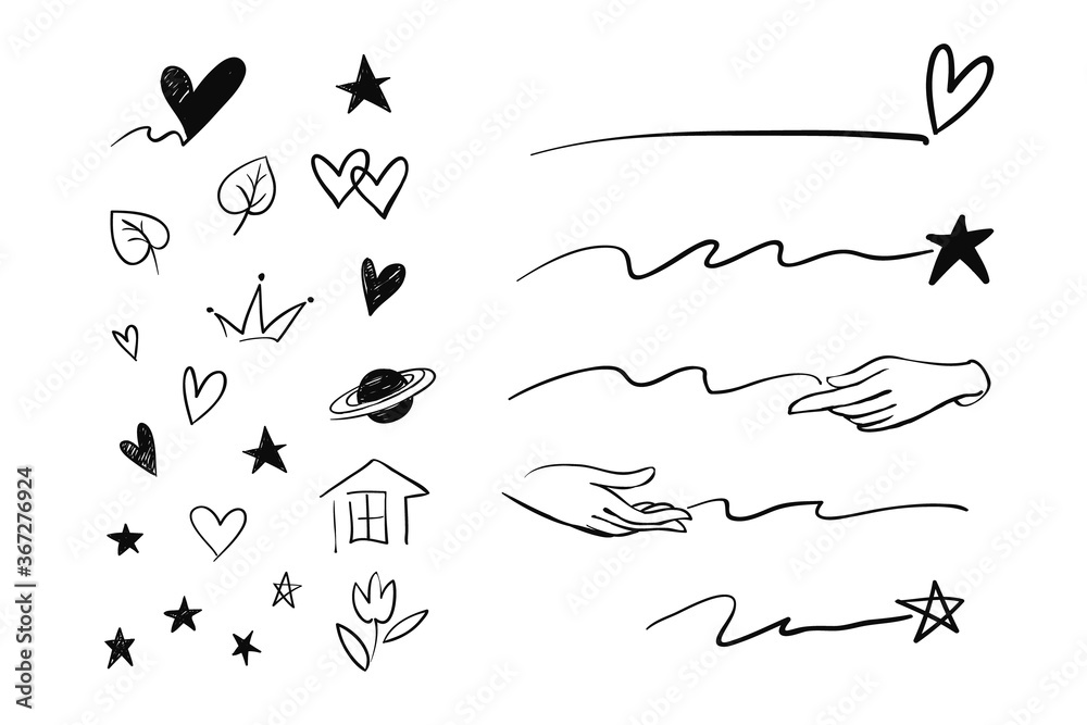 Set of black doodle elements: hearts, underline, emphasis, space, stars ...