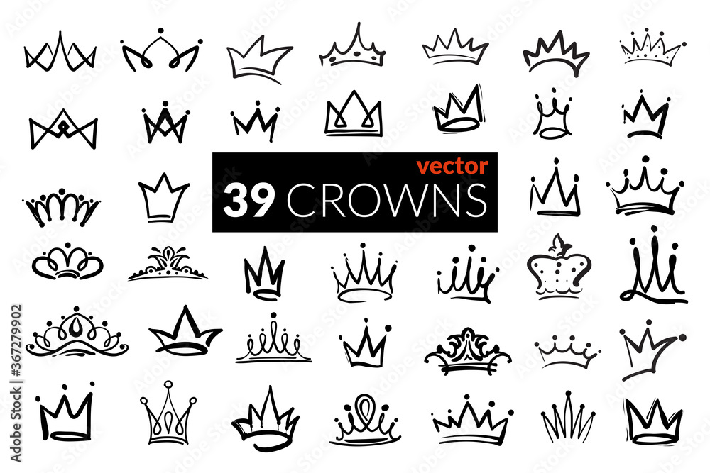 Crown icon logo. Set of 39 hand drawn crowns. Design kit for branding ...