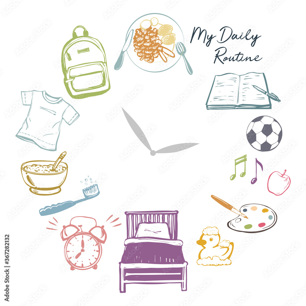 Kids Daily routine time activities. Cartoon doodle vector illustration ...