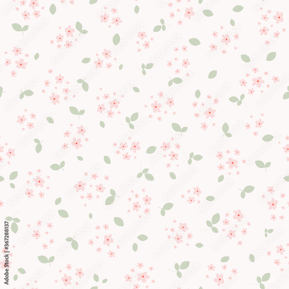 Vector seamless pattern with small pink pretty flowers and green leaves ...