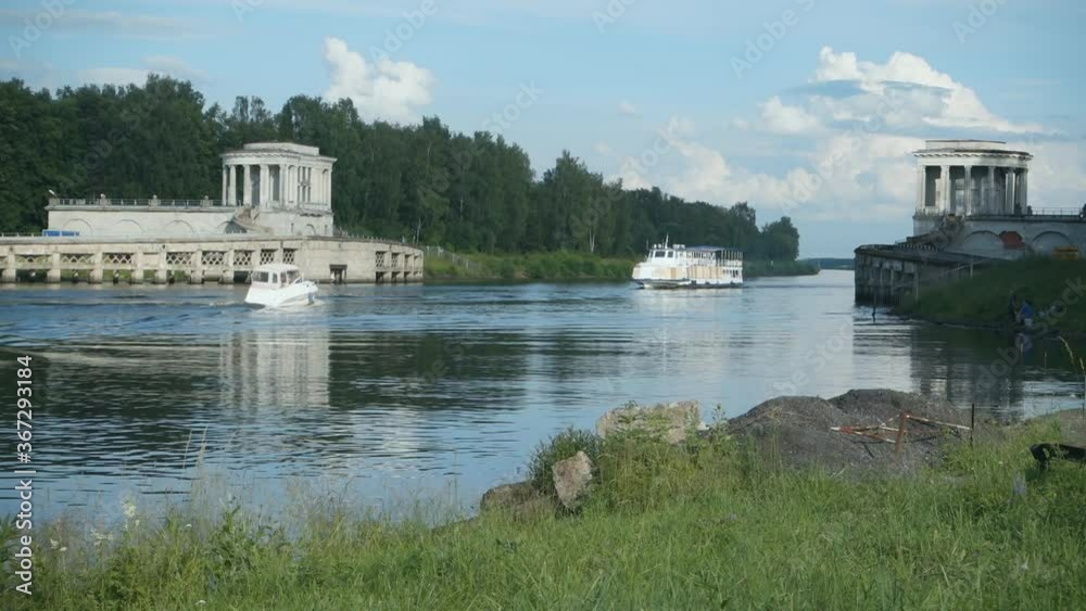 Ferry crossing on the Moscow Canal. Russia, Tver region. The Canal ...