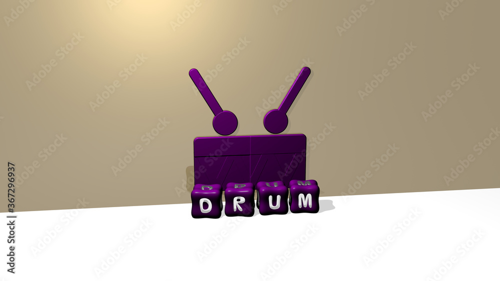 3D graphical image of DRUM vertically along with text built by metallic ...
