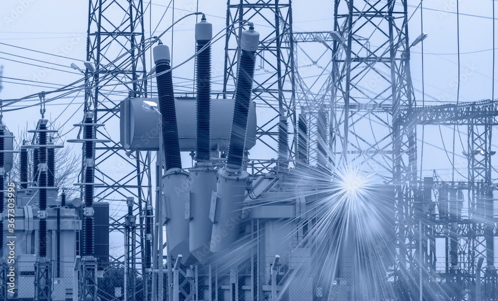High Voltage electric substation with transformers - Electrical short ...