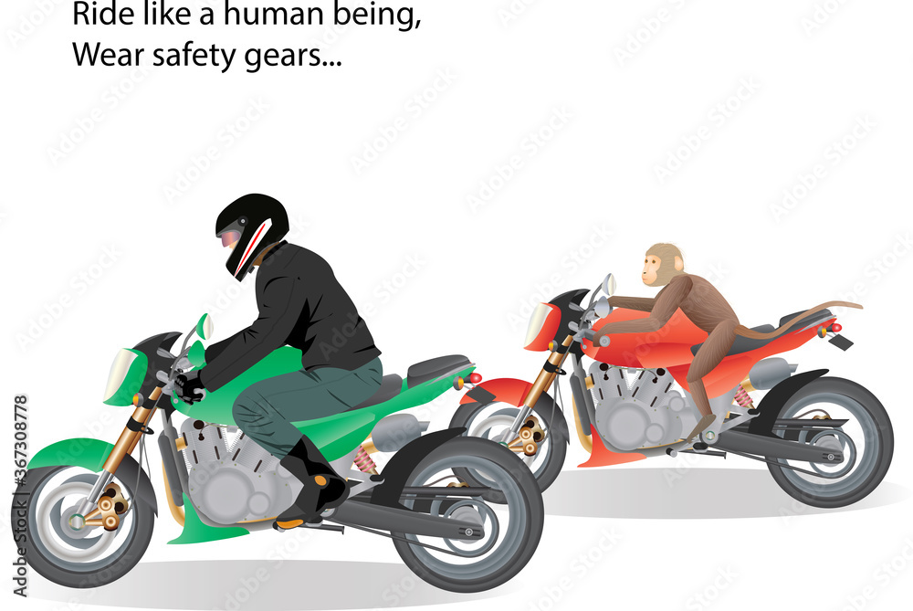 Vector illustration of human riding two wheeler with safety gears vs a ...