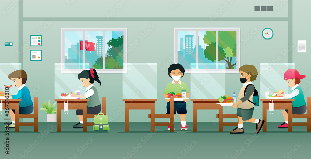 Children in the cafeteria with social distancing protection Kovit-19 ...