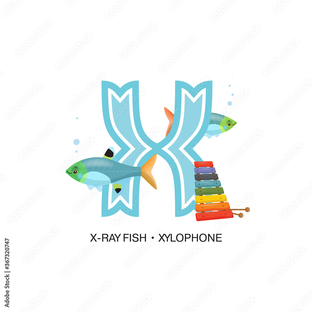 ABC Nursery Decor Print. Letter X is for x-ray fish and xylophone Stock ...