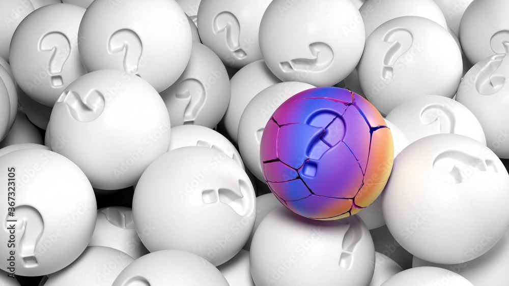 3D background, balls with a question mark, hero ball broken. Stock ...