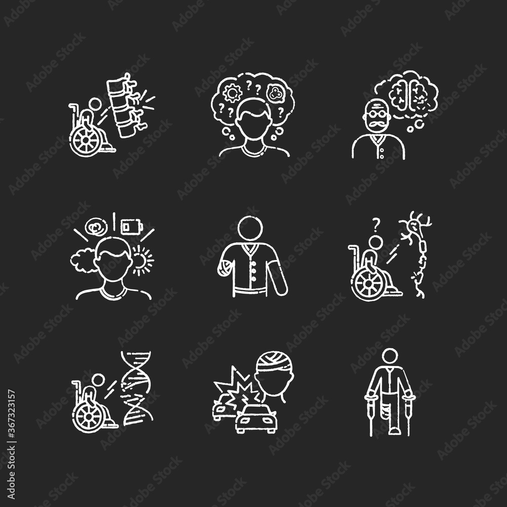 Patient with disability chalk white icons set on black background ...