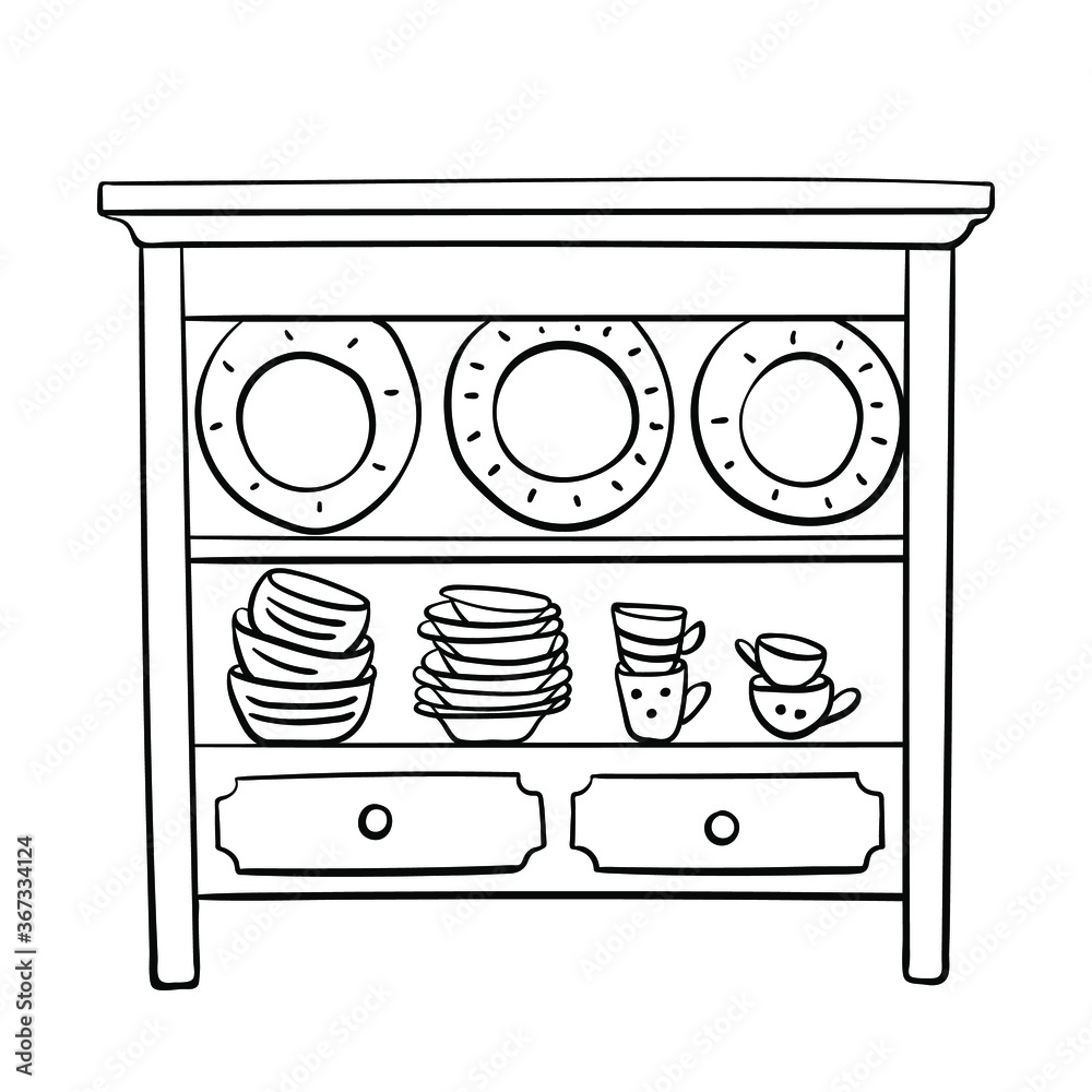 Vintage kitchen wall shelf, plate rack with plates, cups and drawers ...