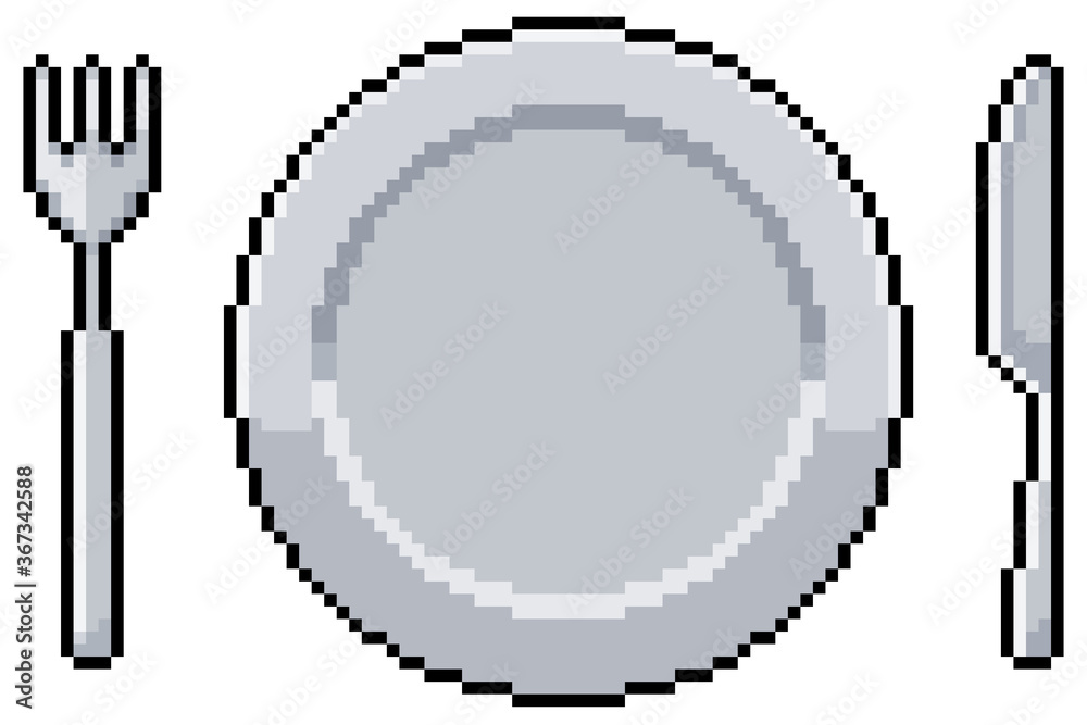 Pixel art Plate fork and knife. Meal, lunch and dinner. 8bit game item ...
