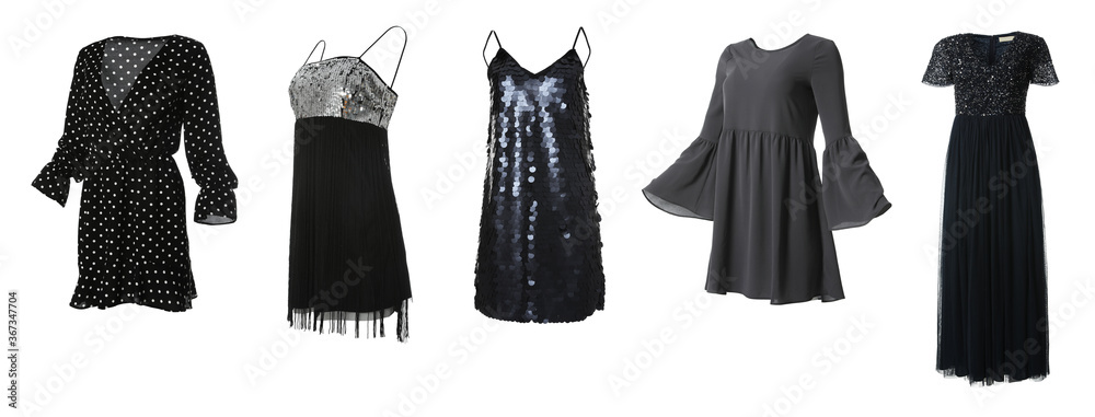 Set of different stylish dresses on white background. Banner design ...