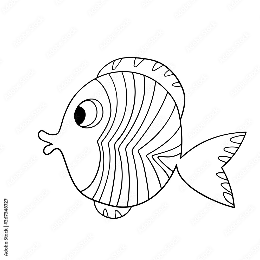 Cartoon cute fish. Hand drawing outline colouring pictures. Isolated ...