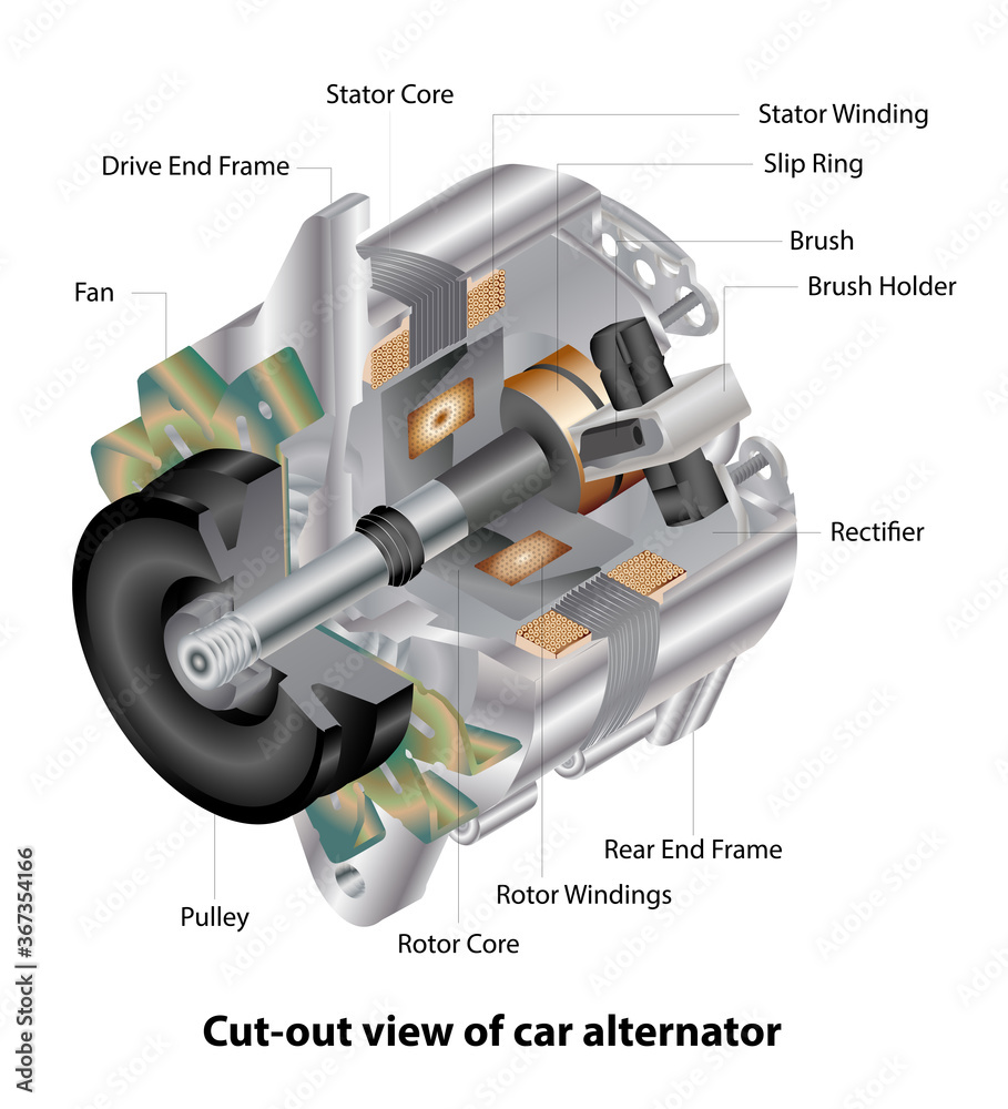 Vector illustration of car's alternator in cut-out view showing its ...