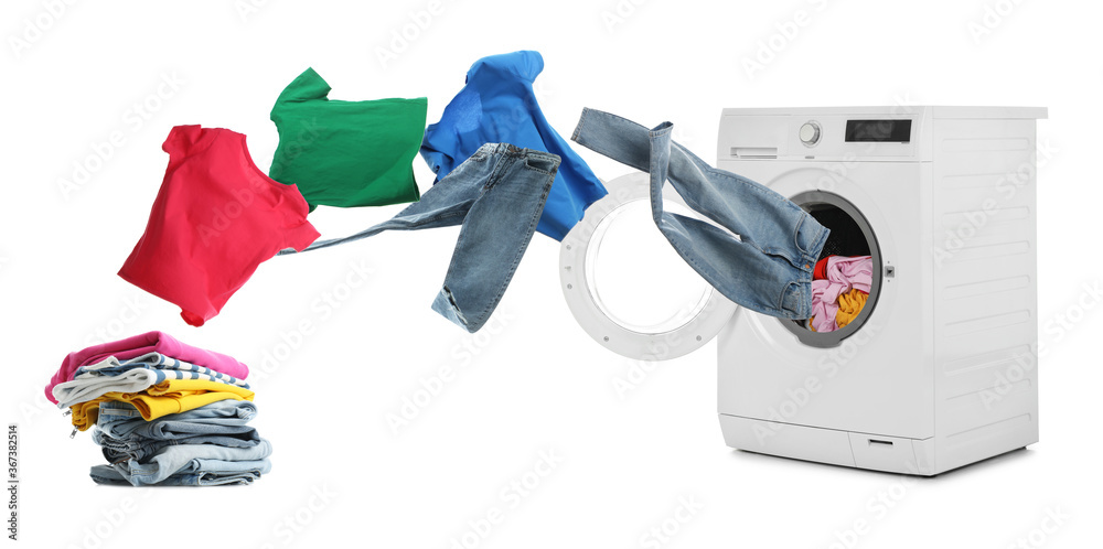 Washing machine and flying clothes on white background, banner design ...
