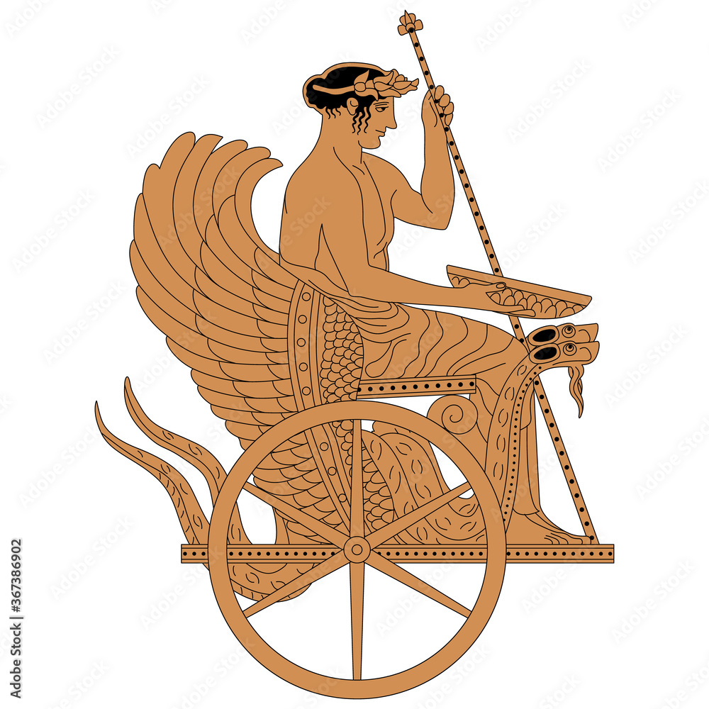 Ancient Greek hero Triptolemus sitting in a winged dragon snake chariot ...