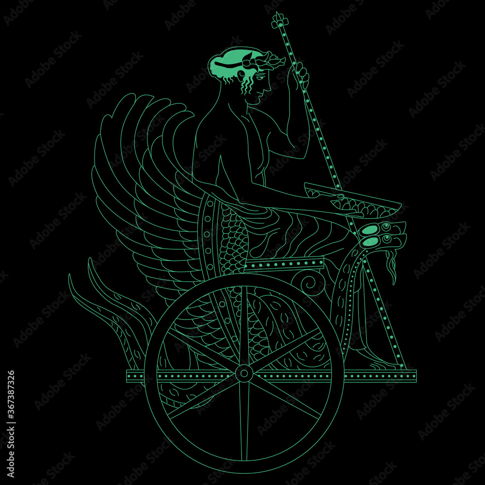 Ancient Greek hero Triptolemus sitting in a winged dragon snake chariot ...
