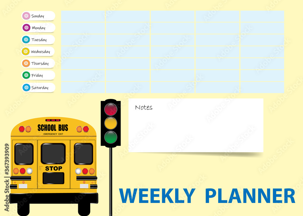 School weekly planner with school bus, blank notes and traffic lights ...