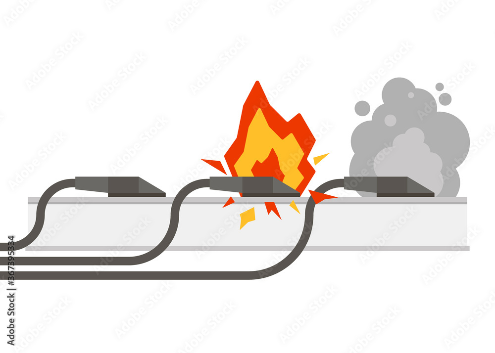 Fire wiring. Electric circuit of cable with fire, smoke, sparks. Set of ...