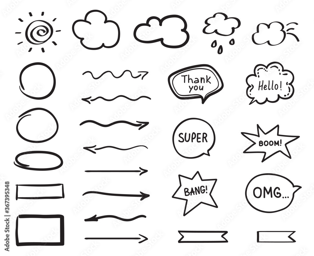 Hand drawn doodle. Different objects and geometric shapes on white ...