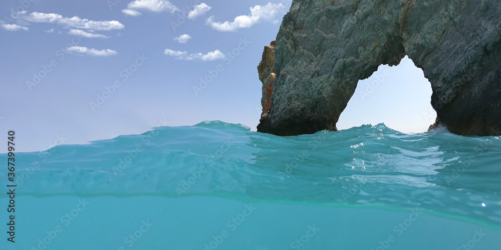 Sea level and underwater ultra wide photo of Lalaria beach, one of the ...