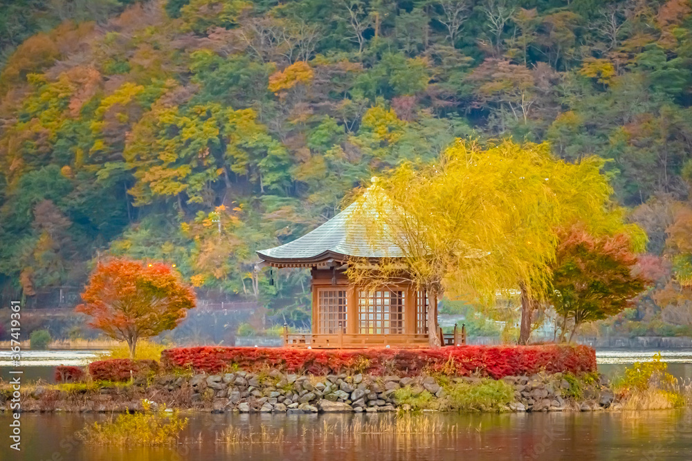 Japan. Lake Kawaguchiko. The pavilion is among lake Kawaguchiko. A ...