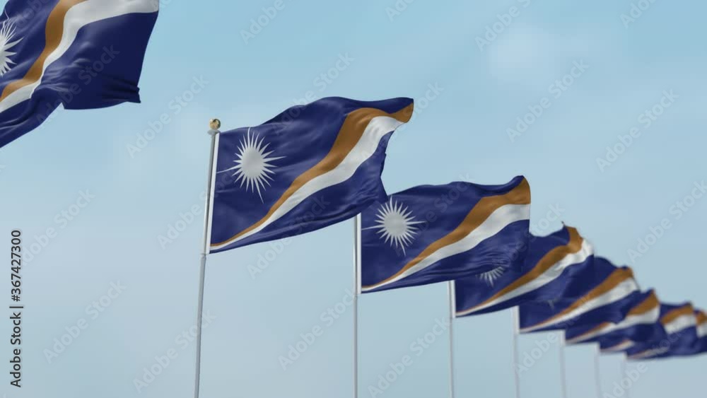 Row of waving flags of National flags of Marshall Islands with sky ...