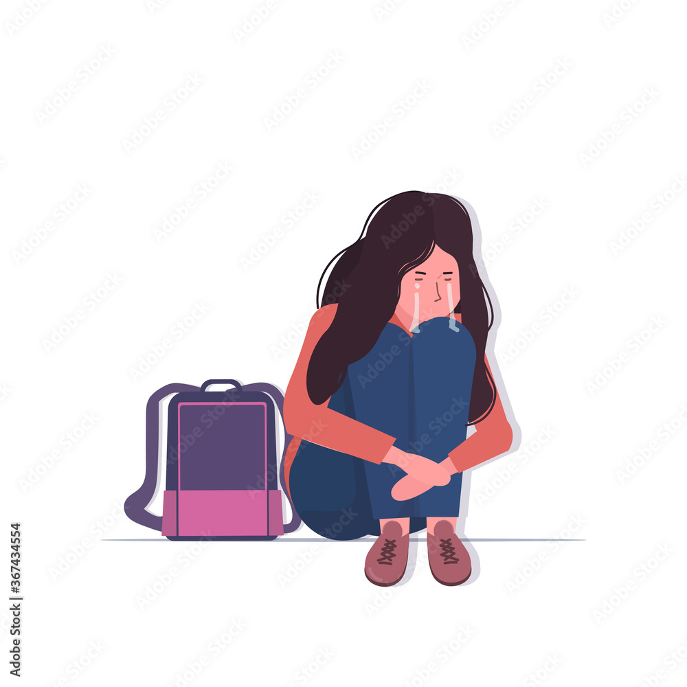 depressed schoolgirl with backpack crying depression problems stress ...