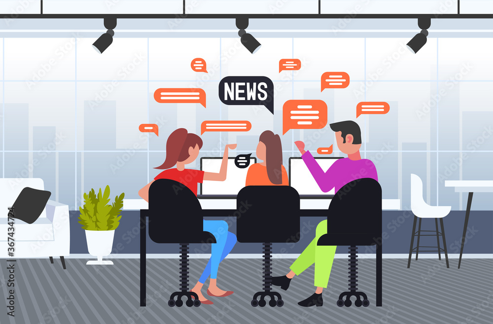 businesspeople using laptops discussing business news chat bubble ...