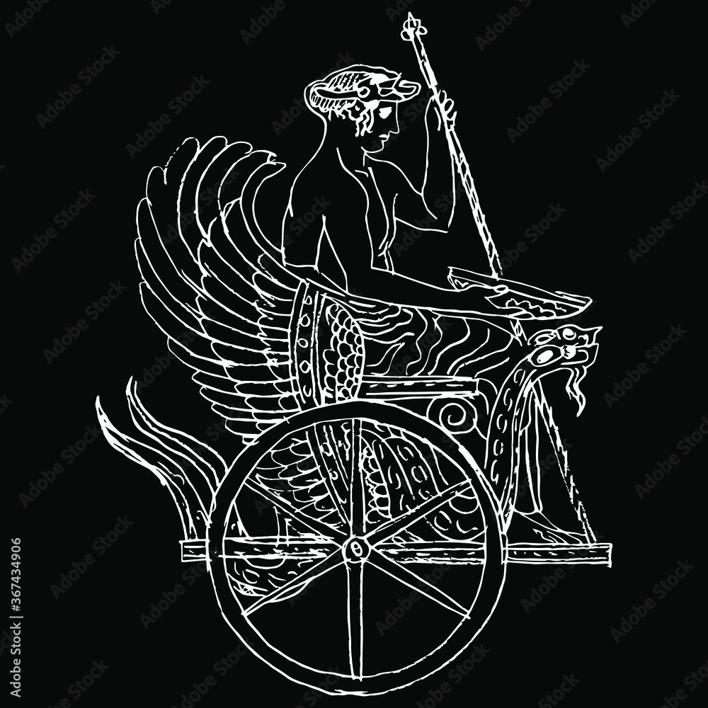 Ancient Greek hero Triptolemus sitting in a winged dragon snake chariot ...