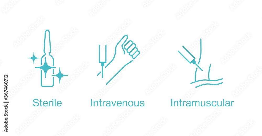 sterile, intravenous, intramuscular icons set for packaging of ...